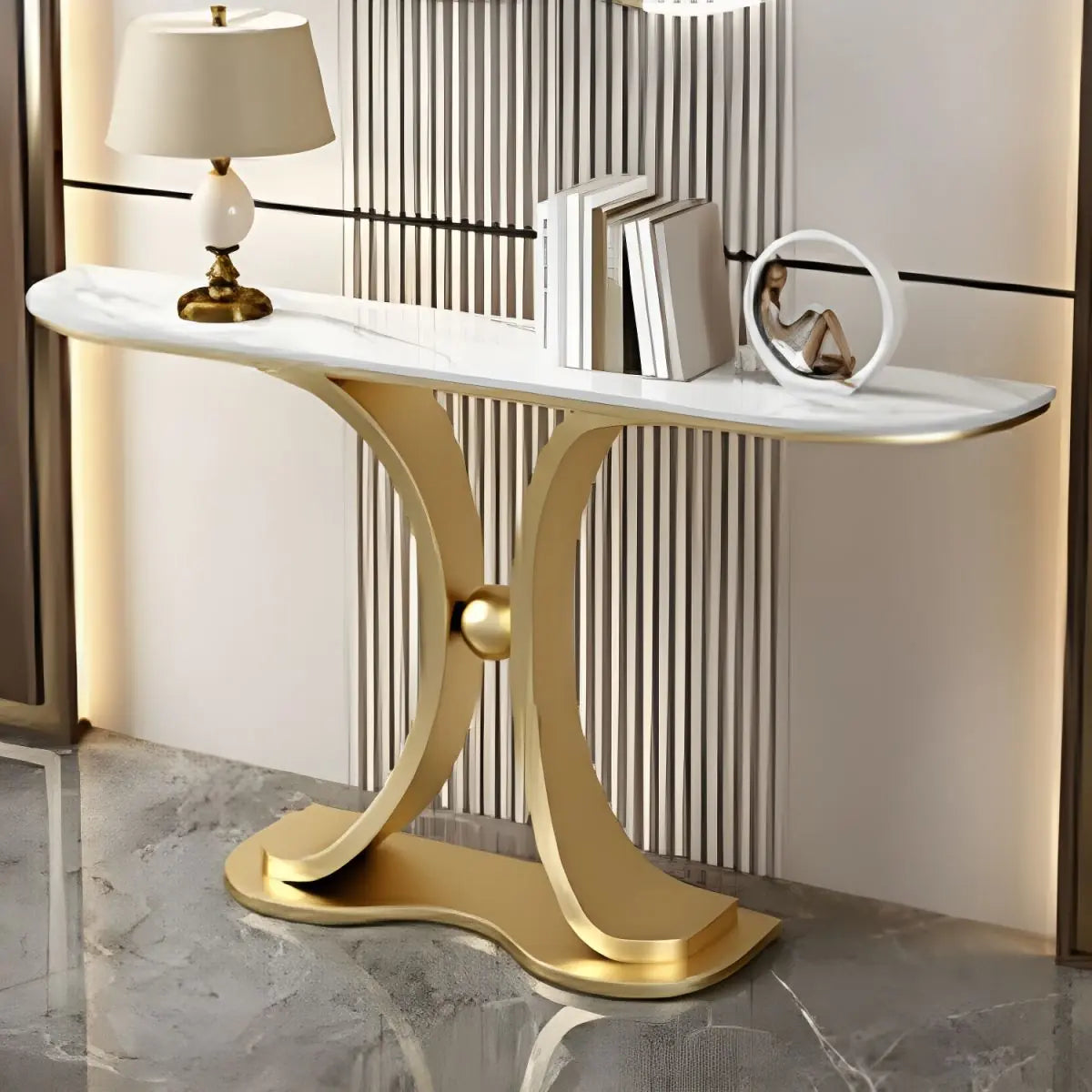 Golden Console Table With White Marble Top – Saajawat