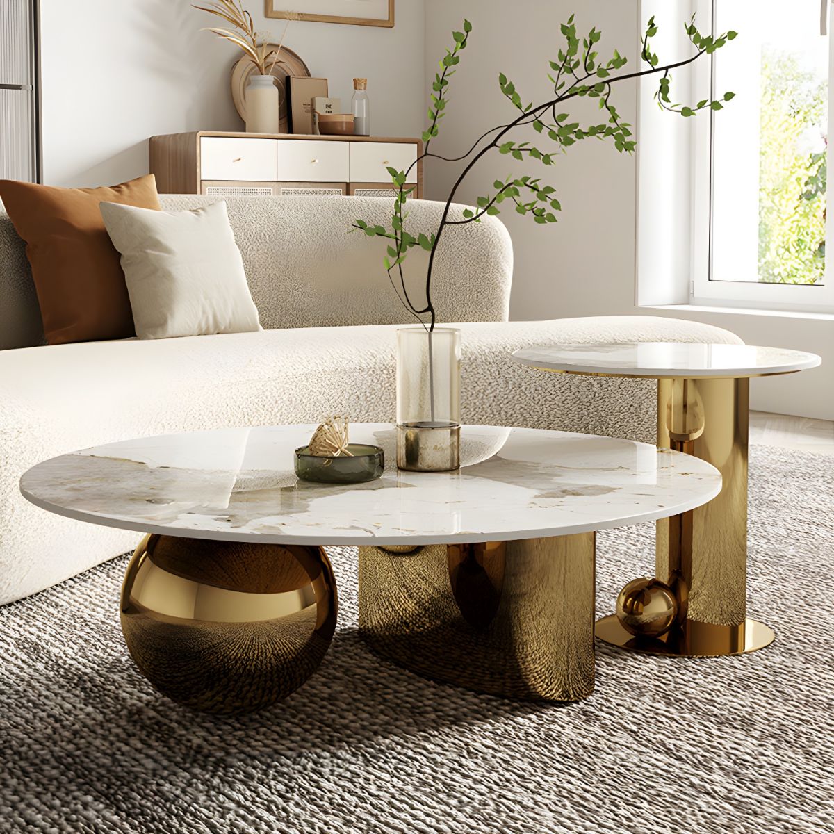 Modern Luxurious White And Gold Marble Coffee Table Set Of 2 – Saajawat