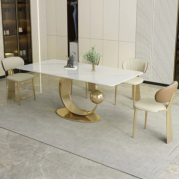 White Rectangular Dining Table Modern Faux Marble Tabletop With Pedest ...