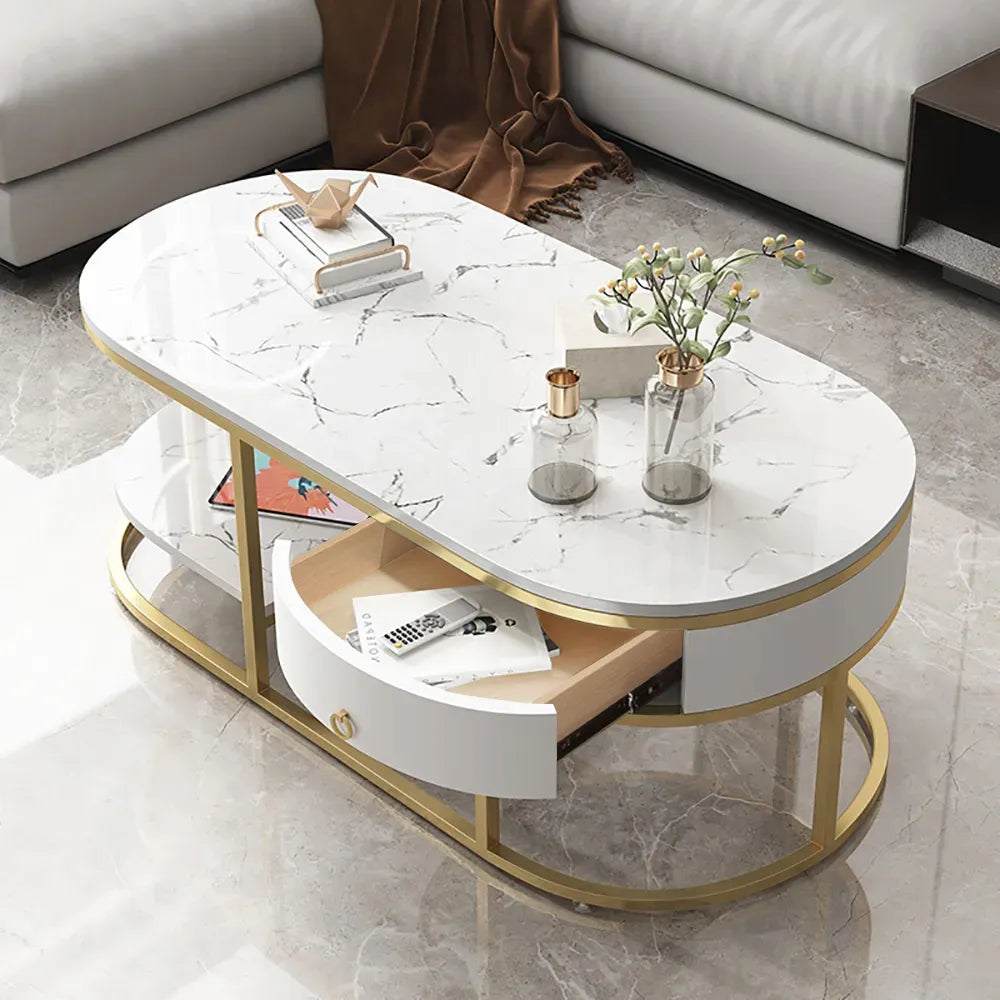 Modern Marble Coffee Table with Drawers & Shelf in White – Saajawat
