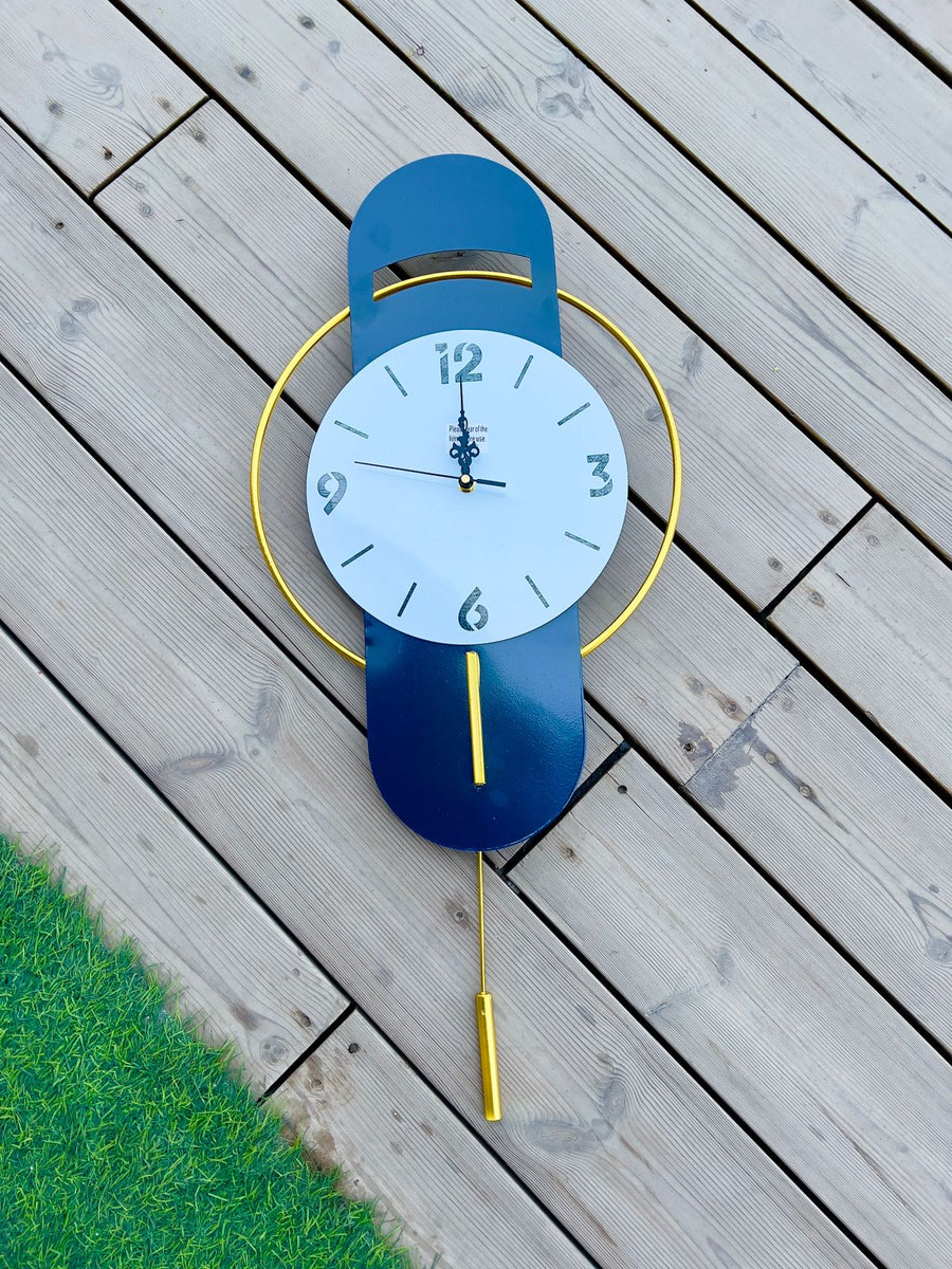 Modern Blue Metal Wall Clock With Golden Ring – Saajawat