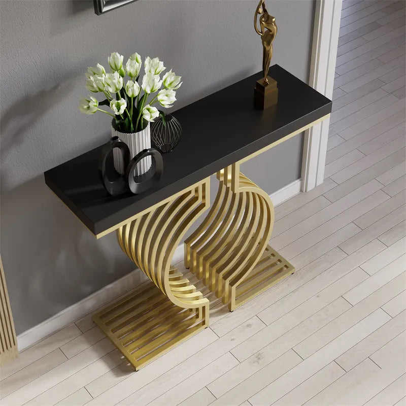 Modern Narrow Console Table with Geometric Metal Base Black Entryway T ...